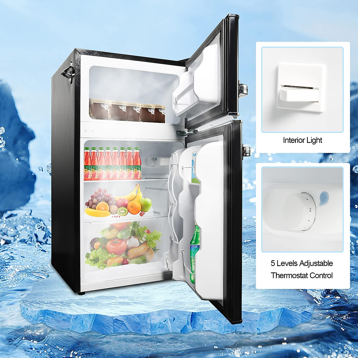 E-Macht 3.2 Cu.Ft Small Refrigerator with Freezer, 2 Door Black Mini Fridge, Energy Saving, Adjustable Thermostat Control, Adjustable Legs, Perfect for Apartment/Office/Dorm/Garage