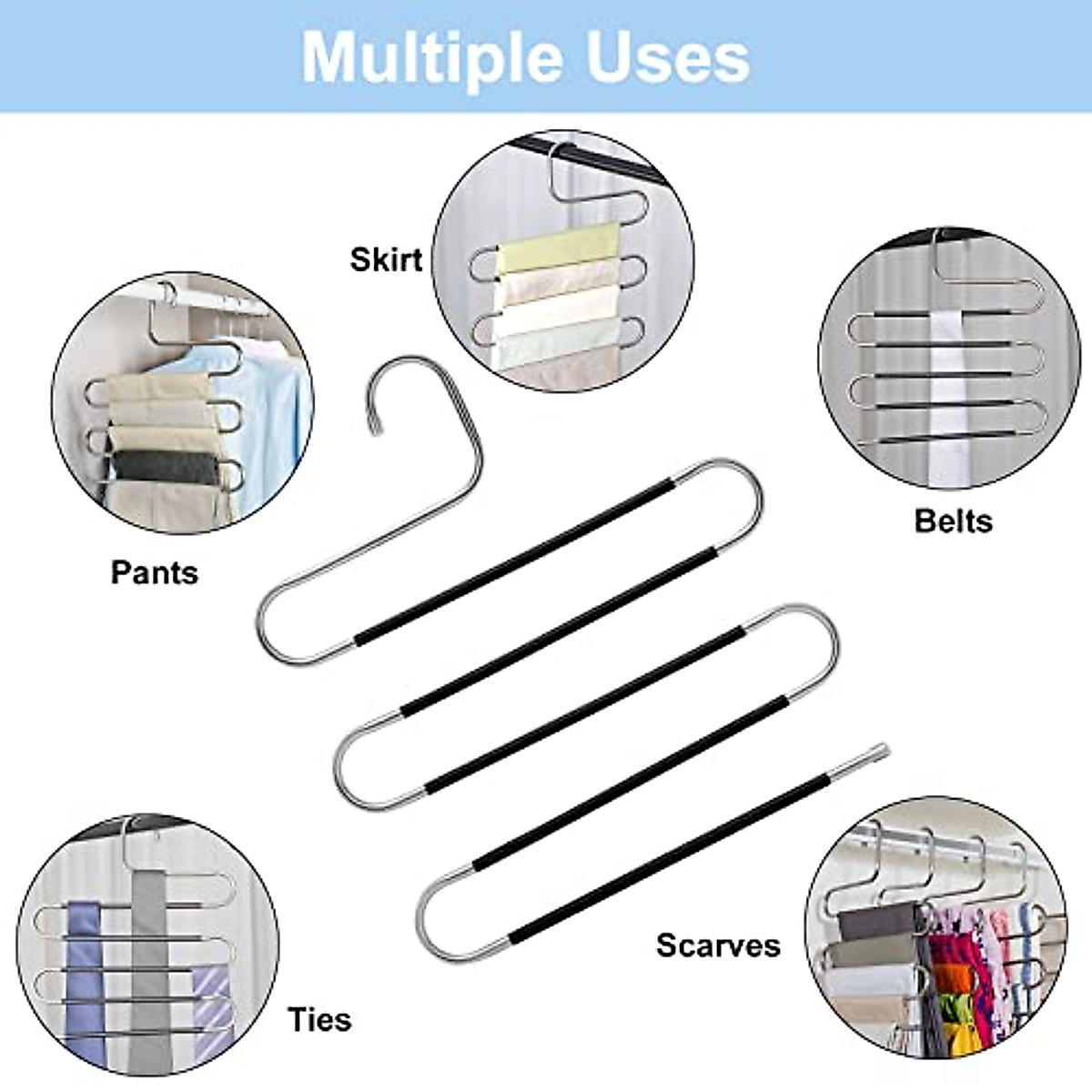 Fixwal Pants Hangers Space Saving, 5 Pack Non-Slip S-Shape Trousers Hangers, Black Stainless Steel Clothes Hangers for Jeans Scarf Leggings Skirts Ties(5 Pack with 25 Metal Clips