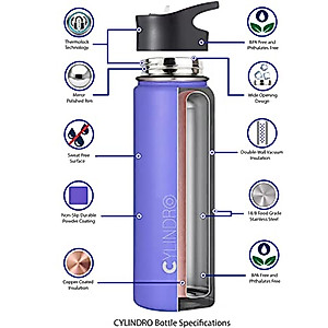 Cylindro Water Bottle, Triple-Layer Stainless Steel - 3 Lids, Vacuum Double Walled Copper Lined, BPA Free, w/ Silicone Boot, Hot & Cold - 22 Oz Veri Peri Purple