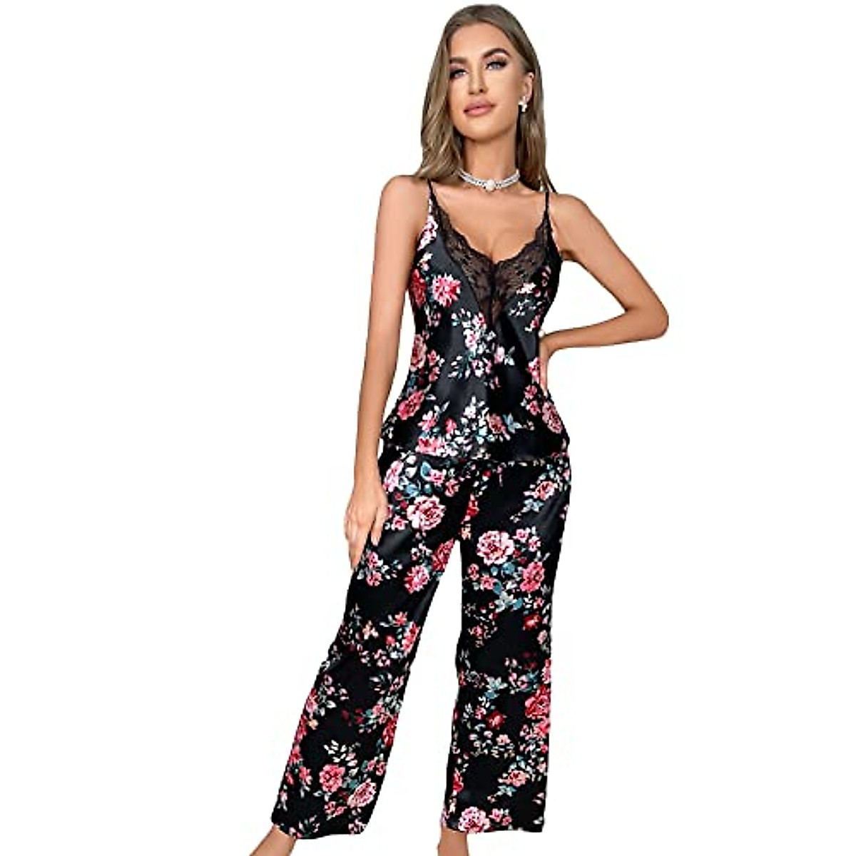WDIRARA Women's Satin Pajamas Floral Backless Camisole and Pants Summer Pj Lounge Set Black S