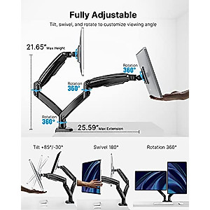 HUANUO Dual Monitor Stand for 13 to 35 inch, Premium Dual Monitor Mount with USB, Height Adjustable Monitor Stands for 2 Monitors VESA Bracket with Clamp/Grommet Base, Each Arm Hold up to 26.4lbs