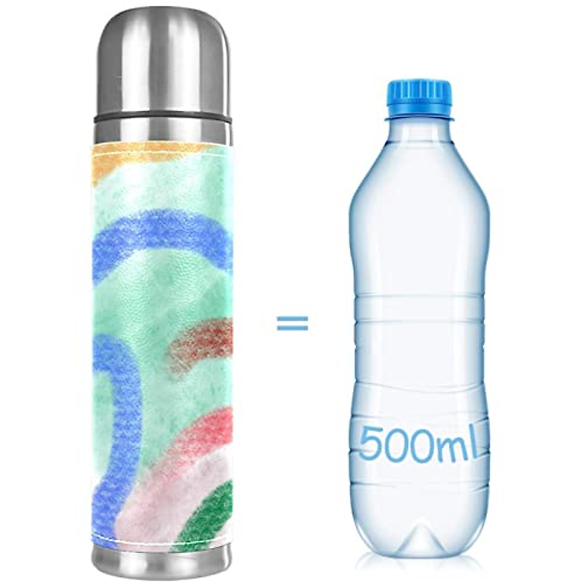 Stainless Steel Leather Vacuum Insulated Mug Colored Lines Thermos Water Bottle for Hot and Cold Drinks Kids Adults 16 Oz