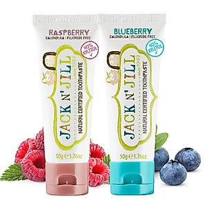 Jack N' Jill Natural Toddler Toothpaste for Baby, Kids and Infants 6 Months & Up, Fluoride Free Training Toothpaste for Toddlers 1-3 (1.76 Fl Oz (Pack of 2), Blueberry & Raspberry)