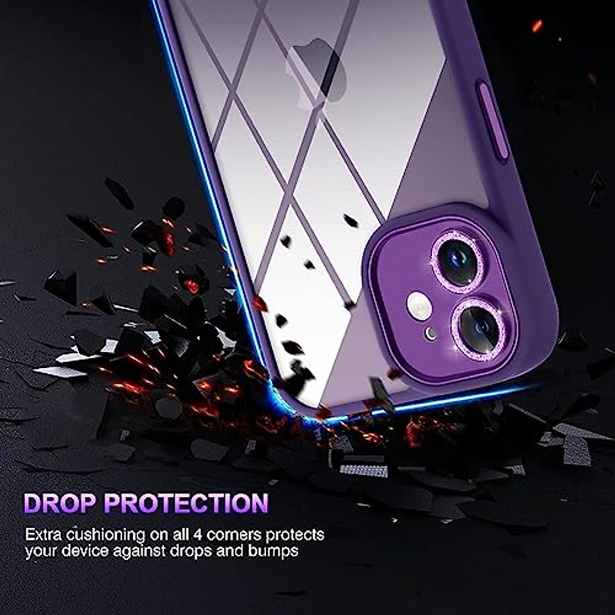 tharlet Clear for iPhone 11 Case [10FT Military Grade Drop Tested] White Silicone Slim Clear Hard Back Frame with Glitter Camera Lens Case for iPhone 11 Phone Case, Purple (6.1")