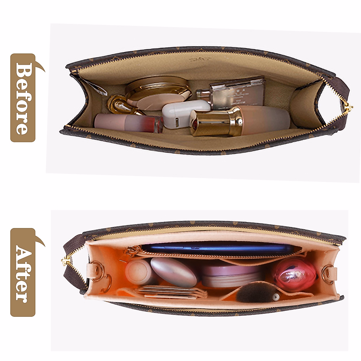 MISIXILE Felt Purse Insert Organizer with Zipper And Gold Buckles,Handbag Organiser Insert fits Toiletry Pouch 19 26(Pink-S)