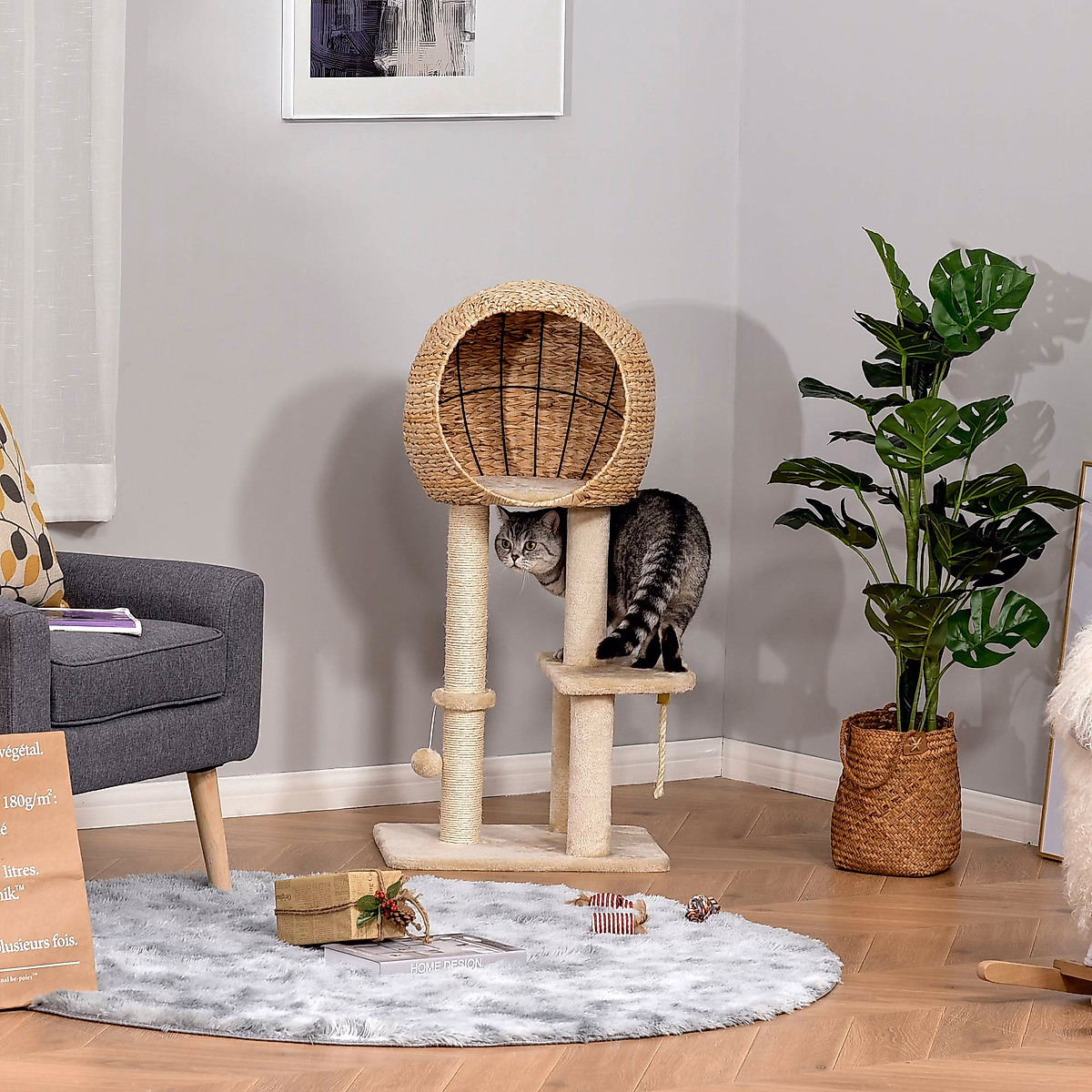 PawHut Cat Tree with Sisal Scratching Post Condo and Hanging Rope 39" H, Beige