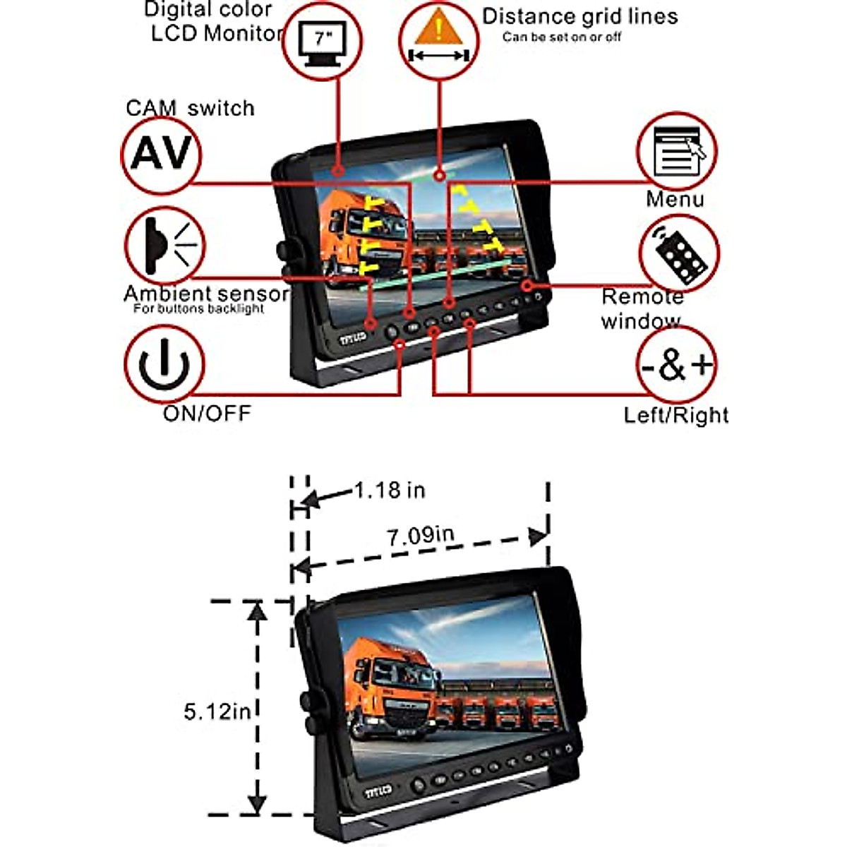 AHD 720P 7" Reverse Rear View Backup Camera System Mirror, Camera with Night Vision Waterproof IP69K Vibration-Proof 10G for Tractor/Truck/RV/Bus/Motorhome/Excavator/Caravan/Skid Steer/Harvester