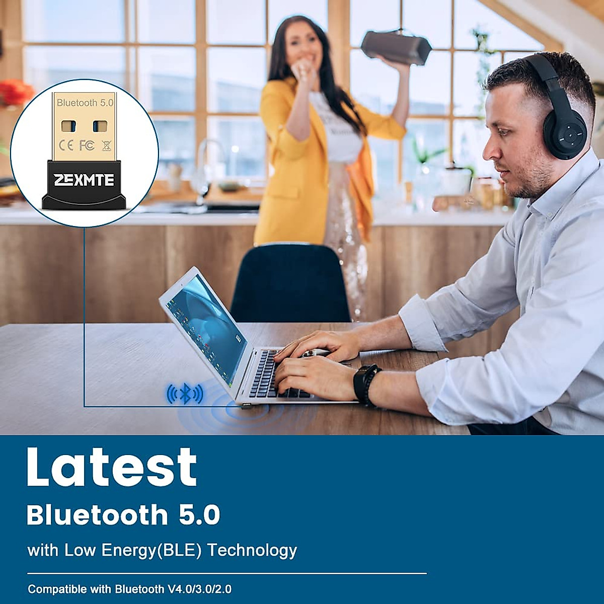 ZEXMTE USB Bluetooth Adapter for PC, 5.0 Bluetooth Dongle Receiver,Bluetooth Adapter for PC Windows 11/10/8/7 for Desktop, Laptop, Mouse, Keyboard, Printers, Headsets, Speakers