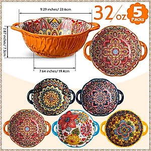 Lallisa 5 Pcs 32 oz Ceramic Soup Bowls with Double Handle Oven Safe Soup Bowls Colorful Cute Bowls Embossed Soup Bowls Set for Cereal, Soup, Salad, Stew, Cereal, Pot Pies and Pasta