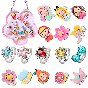 PinkSheep Little Girl Jewel Rings in Box 16PC Princess Ring Adjustable Girl Pretend Play and Dress Up Rings