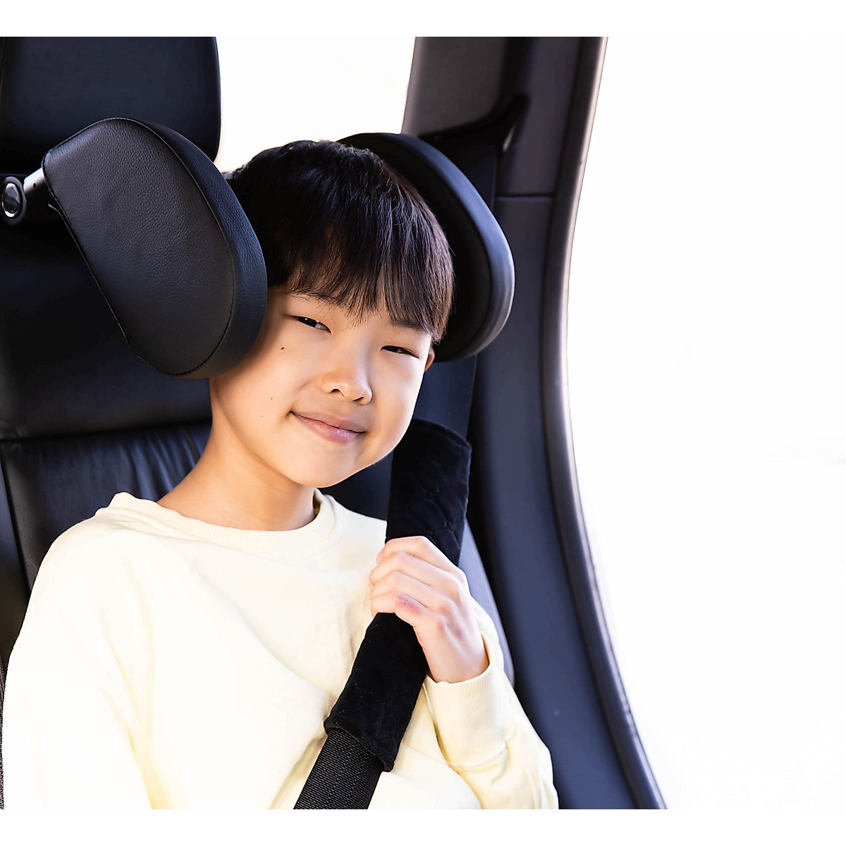 Gekko and Co. Car Headrest Neck Support Pillow Bundled with Padded Seat Belt Cover — Premium Adjustable Travel Pillows for Head, Shoulder, and Back Pain to Support Kids, Toddler, or Adult (Black)