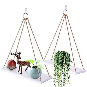 WoodLiving Hanging Shelves for Wall- Hanging Plant Shelf of 2 Set - Rope Floating Shelf Wall Decor Bedroom - ZS-2022-04021 wood-04021