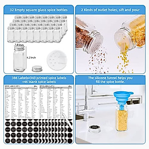 JONYJ Spice Rack Organizer with 32 Empty Square Spice Jars, 396 Spice Labels, Chalk Marker and Funnel Complete Set for Cabinet, Countertop or Wall Mount - 4 Tier
