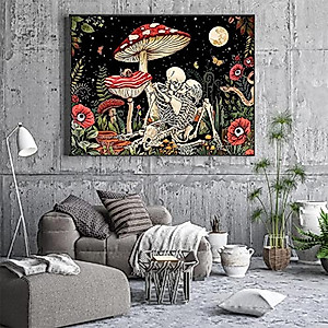 Mushroom Stamped Cross Stitch Kits, Skeleton Trippy Flower Plant Cross Stitch Ornament Kits for Adults Beginners,Hippie Cool Nature Moon Star Cross-Stitch Stamped Kits for Home Wall Decor 12x16 inch