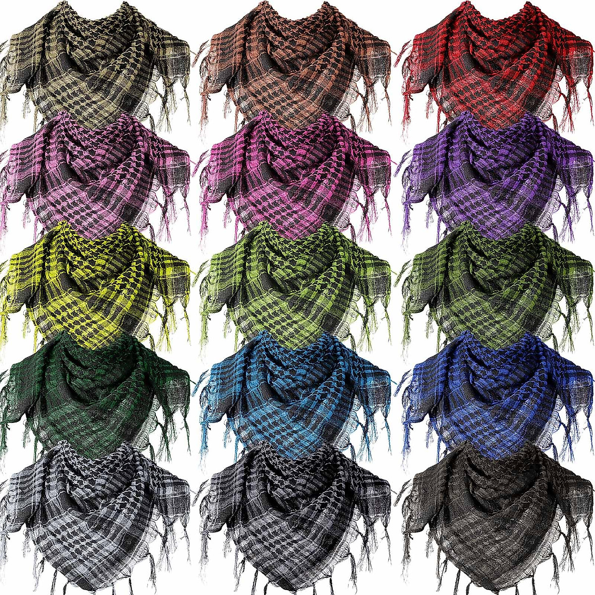 Newcotte 15 Pcs Military Shemagh with Tassel Desert Tactical Scarf Keffiyeh Women Men Face Head Wrap Winter Scarf Wrap for Neck Costume Mask Accessories, 43 x 43 Inches