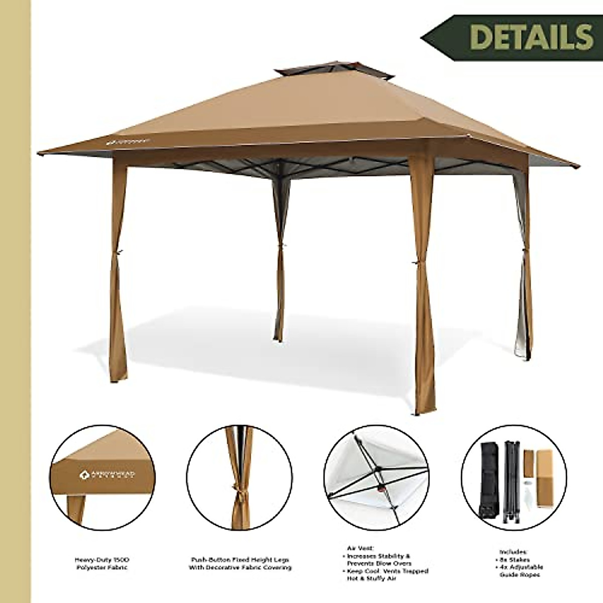 ARROWHEAD OUTDOOR 13’x13’ Pop-Up Canopy & Instant Shelter, 150D Fabric Construction, Adjustable Height, Wheeled Carry Bag, Guide Ropes & Stakes Included, Brown & Tan v2 (New) (KGS0389U)