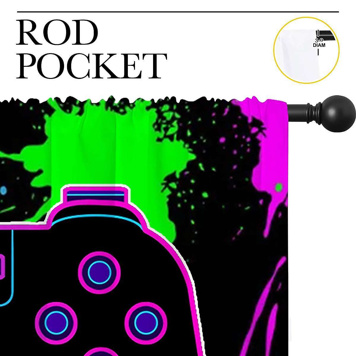LHROOMJK Gamer Gaming Gamepad Rod Pocket Blackout Curtains for Boy Girl Bedroom, Colorful Splash Art Video Game Controller Thermal Insulated Home Window Drapes for Living Room Darkening, 42x45 inch
