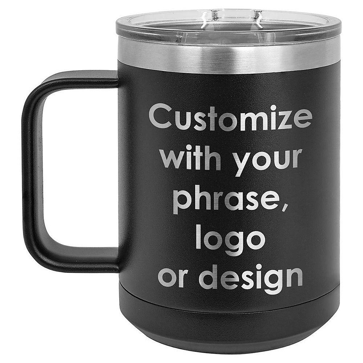 Personalized Black 15 oz Coffee Mug w/Slide Top Lid | Add Your Custom Text w/Names, Phrase, Design or Company Logo | Insulated Travel Coffee Cup | Compare To Yeti Rambler | ONLYGIFTS.COM