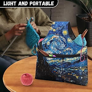 Fuojuvelie Starry Night Yarn Bag Fabric Knitting Projects Organizer Sturdy Crochet Organizer Bag with 4 Grommets for Knitting Needles, Skeins of Yarn Large