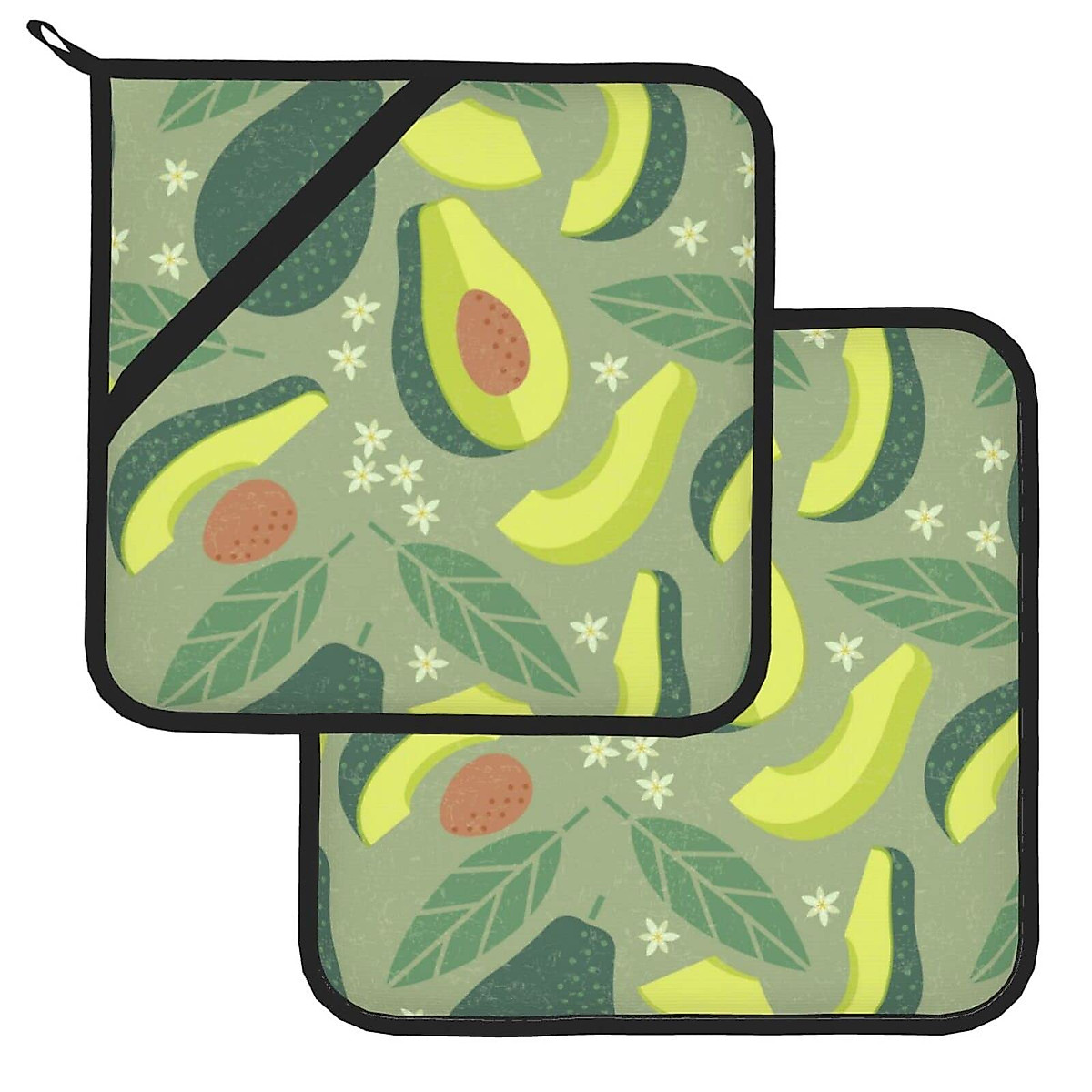 Avocado Leaves Flowers Pattern Pot Holders Set Heat Resistant Non Slip Oven Hot Pads with Hand Pockets and Hanging Loops for Kitchen Baking Cooking,Set of 2