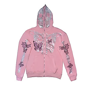 iTranyee Unisex Adult Y2k Rhinestone Skeleton Zipper Hoodies Punk Sparkly Oversized Hooded Sweatshirt Goth Loose Jacket (Pink, S)