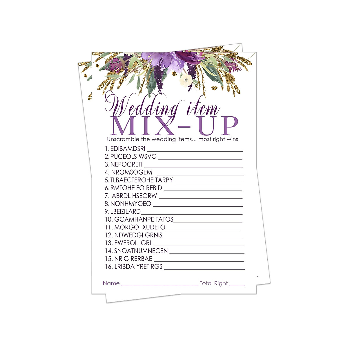 Purple Floral Bridal Shower Word Scramble Game – 25 Pack, Couples Wedding Engagement Party Games, Reception Decor and Ideas, Fun Rehearsal Unscramble Guest Activities