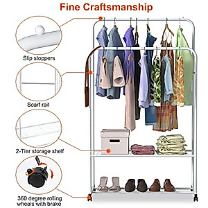 Moclever Clothing Rack with Wheels, Double Rod Garment Rack Rolling Rack for Indoor Bedroom Clothes Rack, Hanging Clothes, Storage Display, White