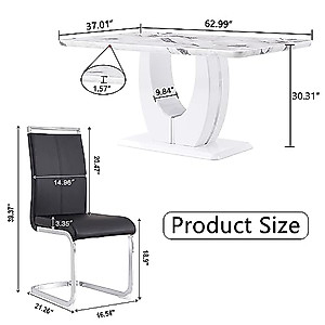 Pvillez 63" Marble Dining Table Set for 4, Modern 5 Piece Dining Set, White Faux Marble Imitation Kitchen Dining Room Table with U-Shaped Pedestal Base & 4 PU Leather Upholstered Dining Chairs