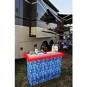 (USA Company) Patented Folding Portable Party Bar w/Multi-Color LED Lights, Black & Hawaiian Bar Skirts, and Storage Shelf