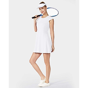 Amoy Women’s Tennis Dress with Built in Shorts UPF 50+ Cap Sleeve Exercise Dresses for Athletic Workout White L