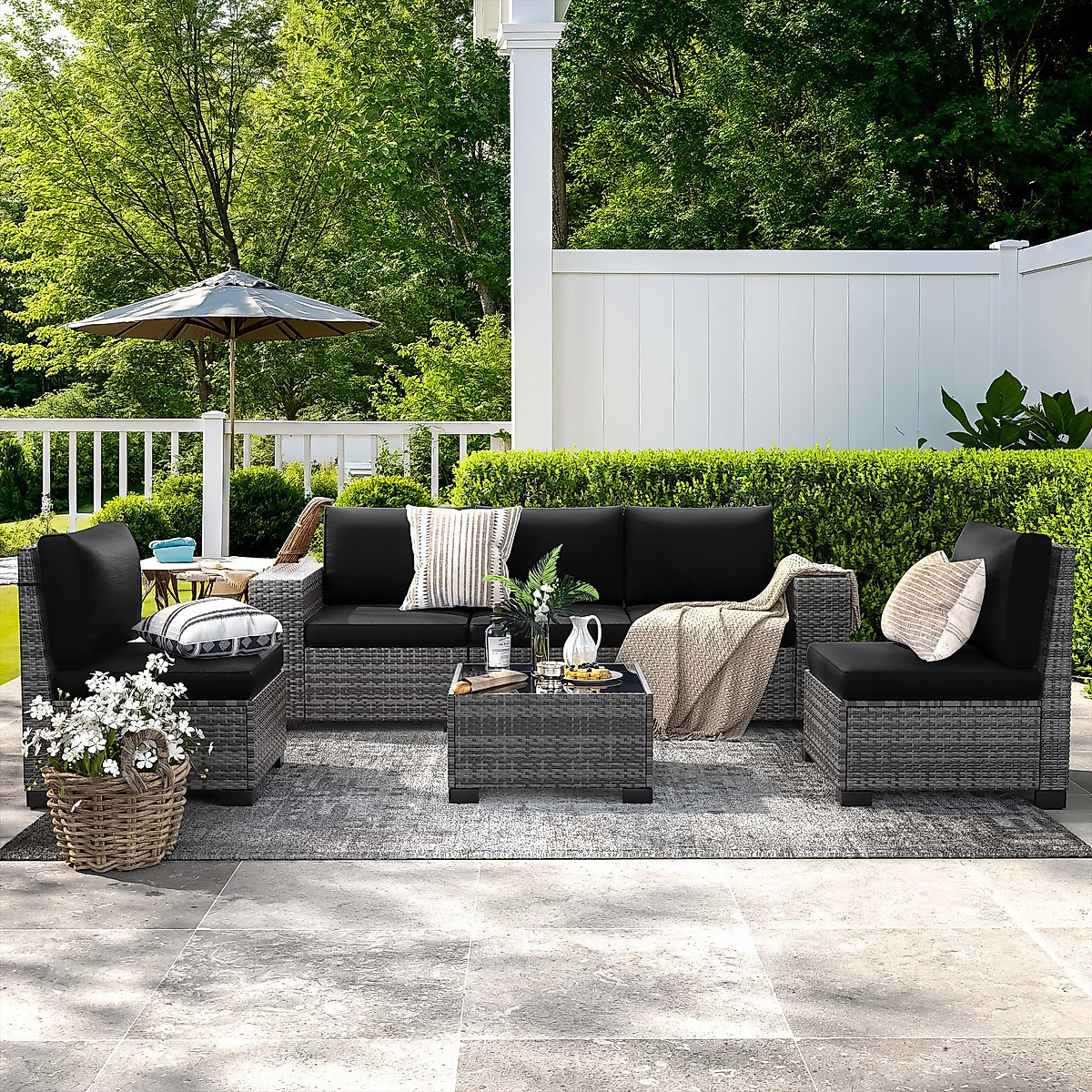 VONZOY Patio Furniture Set, Outdoor Sectional Sofa Sets, 6 Pieces Wide Armrest Grey PE Rattan Wicker Seating Conversation Set, 4'' Thickened Cushions 1 Glass Coffee Table for Backyard Poolside, Black