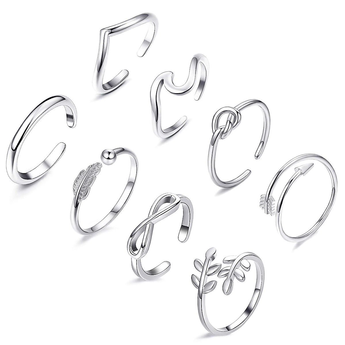 FUNEIA 8PCS 14K Gold Plated Adjustable Rings for Women, Silver Stackable Knuckle Rings for Teen, Arrow Knot Wave Open Stacking Dainty Thumb Rings Set