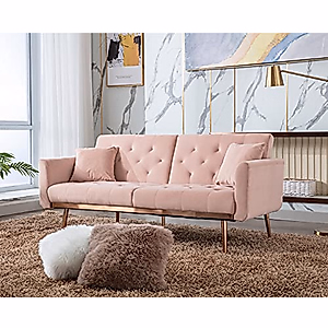 SLEERWAY Velvet Futon Sofa Bed with 5 Golden Metal Legs, Sleeper Sofa Couch with Two Pillows, Convertible Loveseat for Living Room and Bedroom, Pink