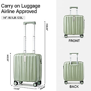 Hanke 14 Inch Underseat Carry On luggage with Wheels, Lightweight Mini Suitcase for Weekender, PC Hardside Small Carry On Bag with TSA Lock,Travel Suit Case Women men（Bamboo Green）