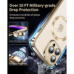 AICISINGN Magnetic Clear Case for iPhone 14 Pro Max with Full Camera Lens Protector Slim Soft TPU Military Grade Drop Protection Case Cover Compatible with MagSafe for Women Girls 6.7"-Gold