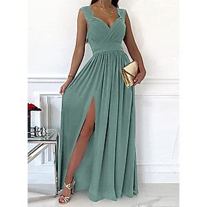 Dokotoo Womens Ladies Elegant Floor Length A Line Wrap Deep V Neck Backless Ruched Pleated Ruffled Split Long Maxi Formal Evening Party Prom Dress Bridesmaid Wedding Guest Dresses for Women Green L