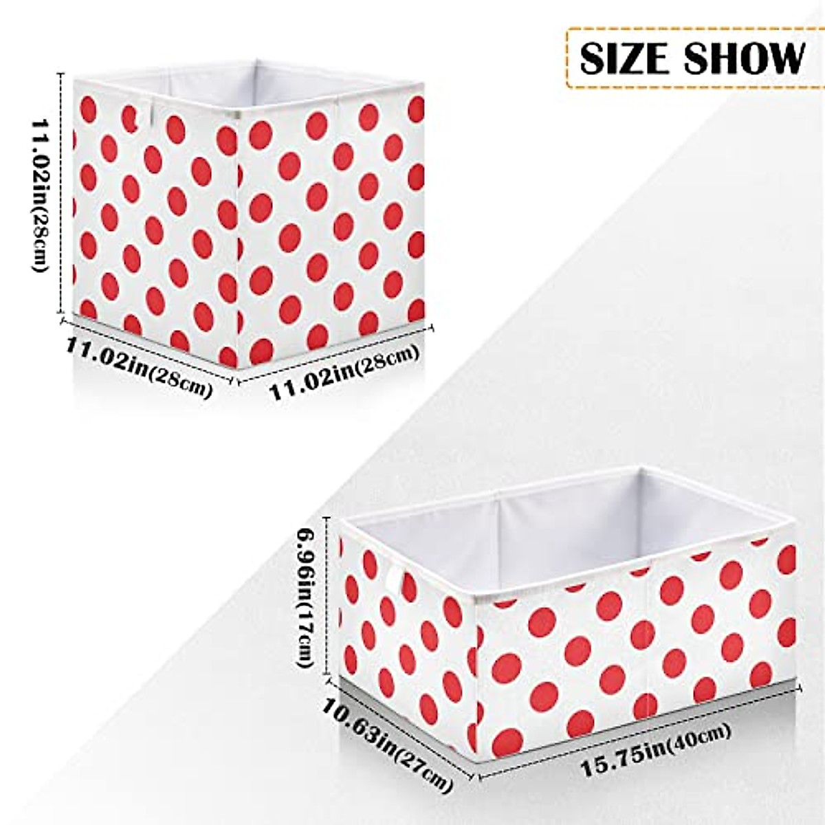 Polka Dot Red White Collapsible Fabric Storage Cubes Bins with Handles Square Closet Organizer Waterproof Lining for Nursery Drawer Shelves Cabinet 15.75x10.63x6.96 Inches