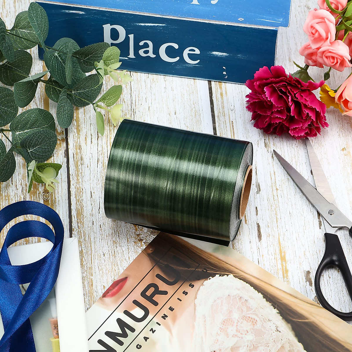 Syhood Outdoor Ribbon Poly Satin Ribbon Floral Craft Decoration Aspidistra Leaf Riband Easter Holiday Outdoor Decorating(4 Inch X 49 Yards,Dark Green)