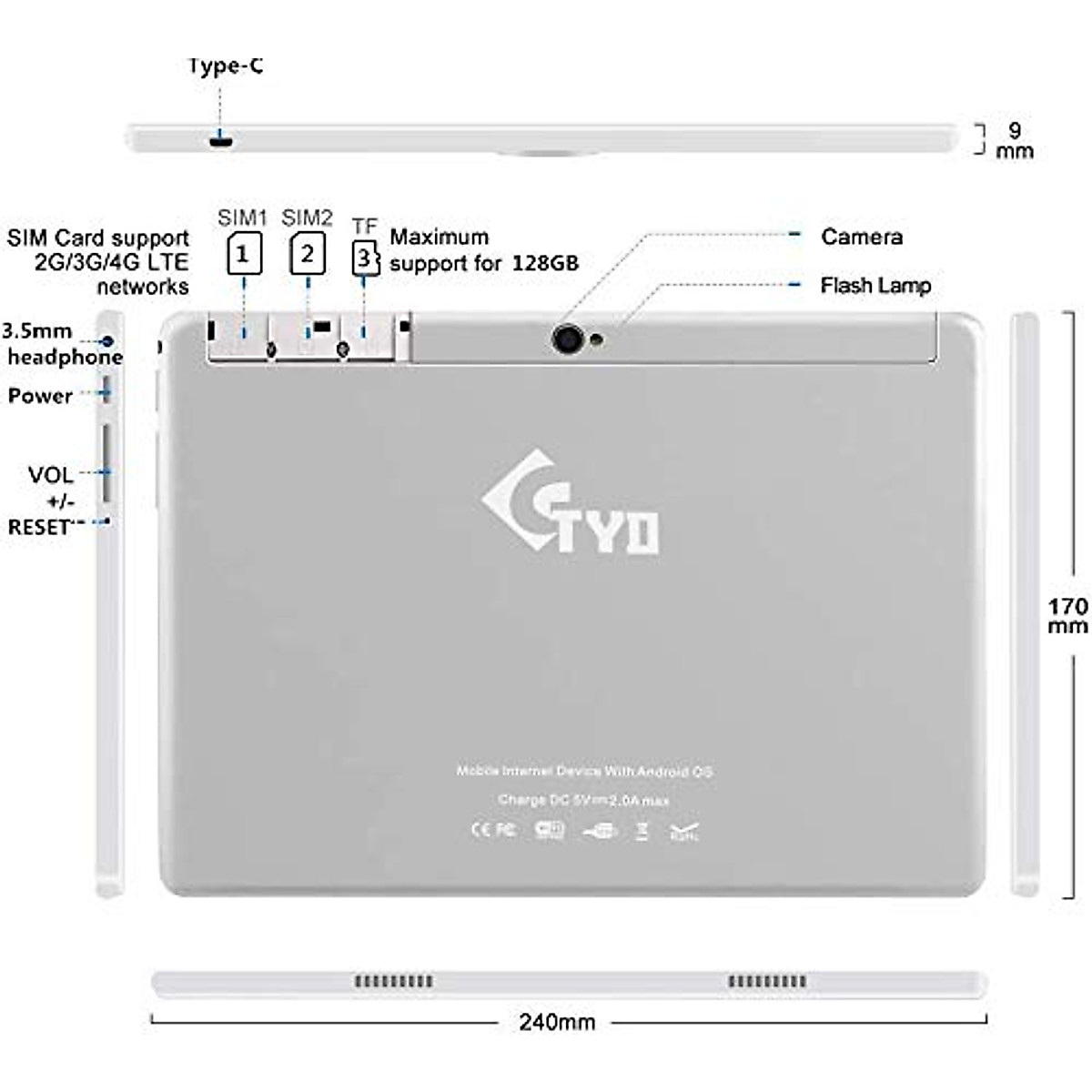 Deca core 10.1" Inch TYD Tablet Google Android 10, 4G LTE Dual SIM, 4GB RAM 64GB Storage, 1920 1200 Full HD IPS Touchscreen,Dual Camera, WiFi/WLAN/Bluetooth/GPS TYD-109 (64GB, Silver)