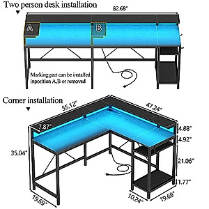Loomie L Shaped Computer Desk, 83" Gaming Desk with LED Light & Power Outlets, Corner Desk with Full Monitor Stand & Adjustable Storage Shelves, Home Office Desk with 2 Hooks, 2 Person Desk, Black