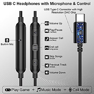 USB C Headphone Type C Earphone Magnetic Wired Earbud for Samsung Galaxy Z Fllip 5 Fold A53 A54 S23 S22 S21 S20 in-Ear Noise Canceling Stereo Headset with Microphone for School Google Pixel 6a 7a 7 6