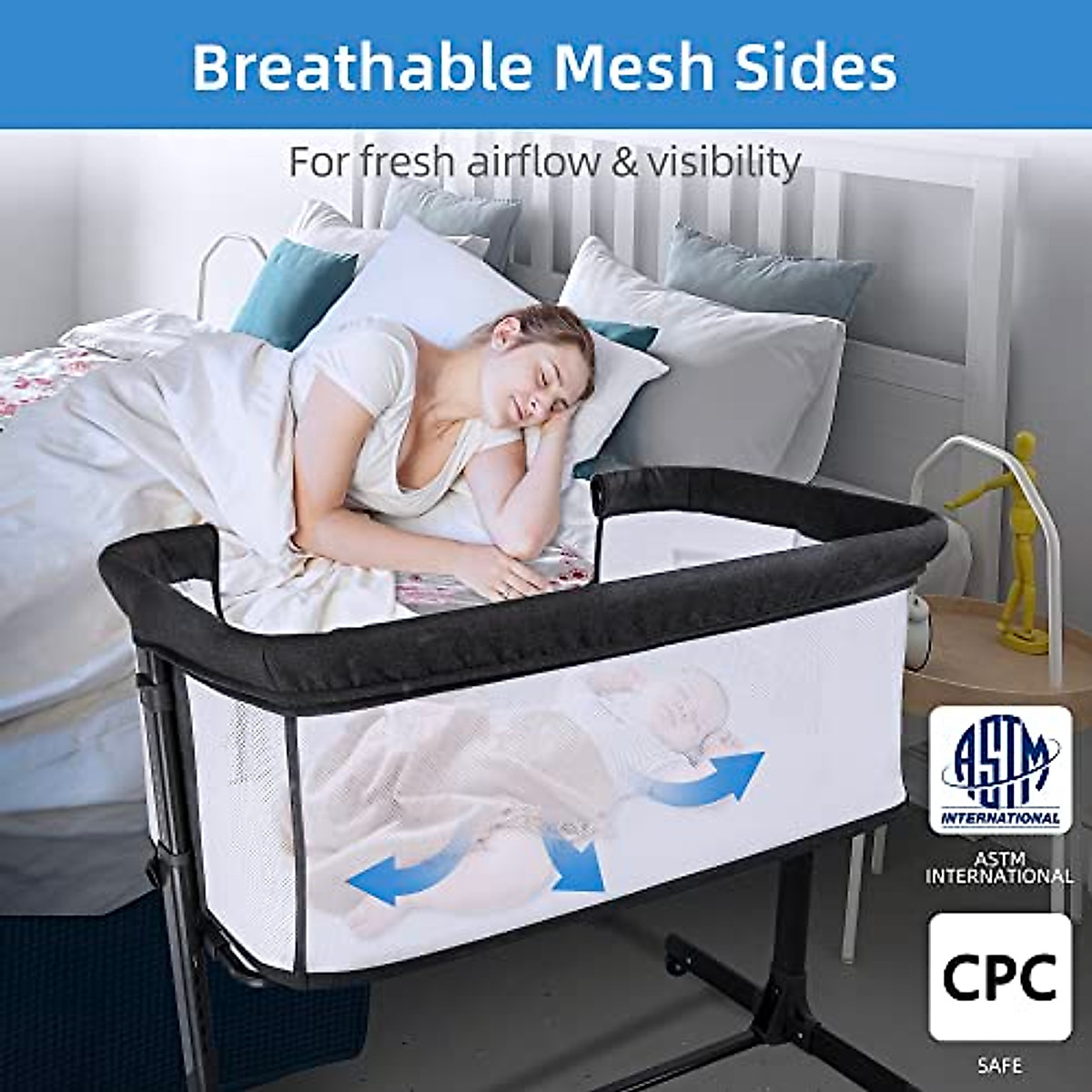 IKOMZY Baby Bassinets Bedside Sleeper, Bedside Bassinet for Baby, Lightweight Portable Bedside Crib with Airflow Mesh and Adjustable Heights