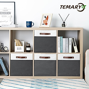 Temary Cube Storage Bins 4Pack Foldable Cube Baskets for Clothes Shelf Storage Basket with Handles, Storage Box Fabric Storage Organizer Bins for Home (White&Grey, 13x15x13 Inch)