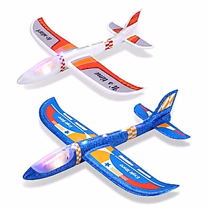 EagleStone Airplane Toy 2 Pack LED Foam Airplane for Kids Large Throwing Foam Plane 2 Flight Mode Glider Plane Flying Toys with 2 Sticker Styrofoam Airplanes for Boys&Girls Age 3 or Above Best Gift
