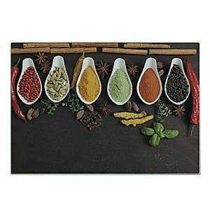 Ambesonne Spice Cutting Board, Top View Image of Aromatic Herbs and Spices Arranged Horizontally Tastes Folk Food, Decorative Tempered Glass Cutting and Serving Board, Small Size, Multicolor