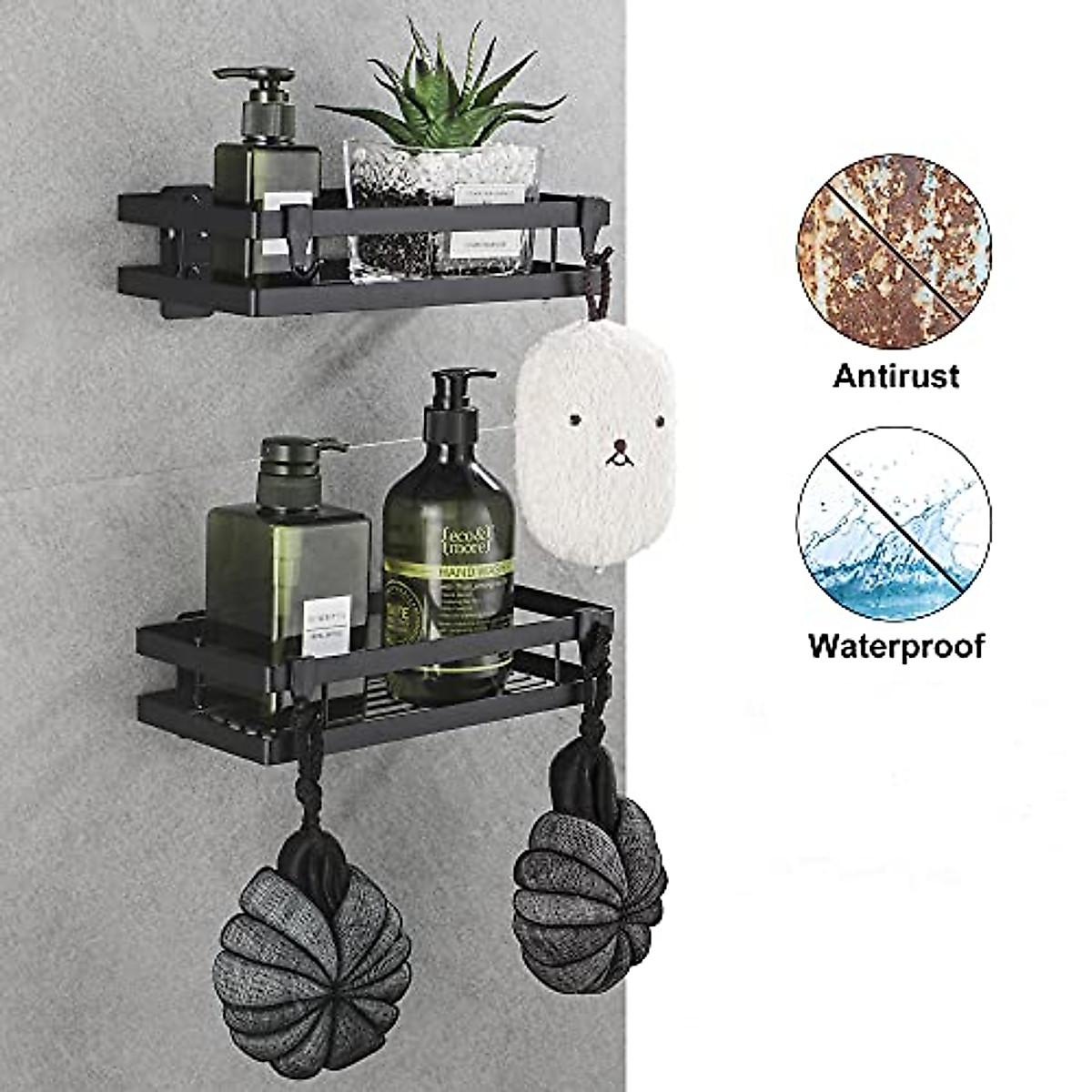 DUFU Shower Shelves Bathroom Caddy Organizer with Hooks, No Drilling Adhesive Wall Mount Carbon Steel Storage Rack for Bathroom, Kitchen and Toilet - 2 Pack