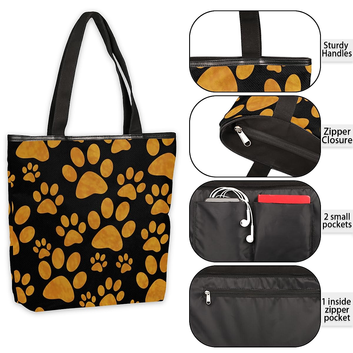 Mularoka Dog Paw Tote Bag for Women Aesthetic Cute Canvas Tote Bags Cute Paw Shopping Grocery Reusable Bags with Zipper and Inner Pockets