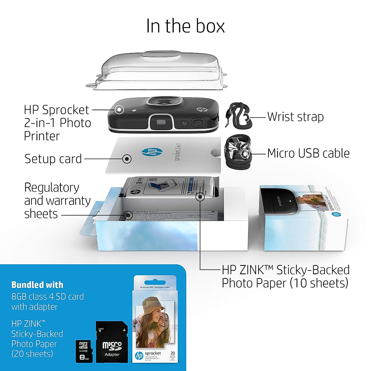 HP 5MS96A Sprocket 2-in-1 Portable Photo Printer & Instant Camera Bundle with 8GB Micro SD Card and Zink Photo Paper, Black (Pack of 3)