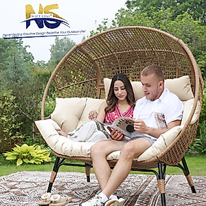 NICESOUL® Double Egg Chair Indoor Outdoor Stationary Oversized Thicken Padded Cushions,2 Person Egg Loveseat Chair,680 lbs Extra Large Lounge Chair for Patio Balcony Porch Backyard Beige