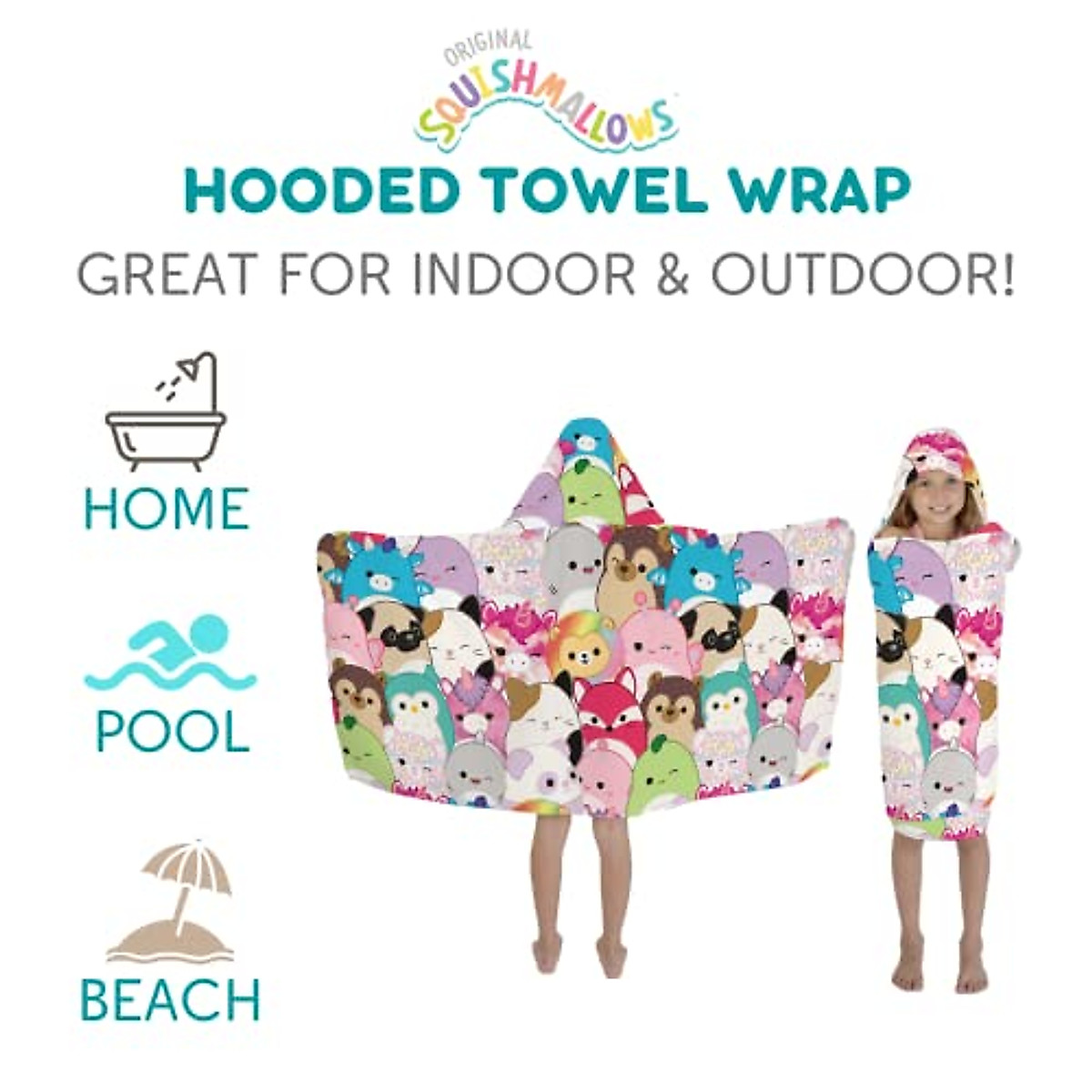 Franco Squishmallows Kids Bath/Pool/Beach Soft Cotton Terry Hooded Towel Wrap, 24 in x 50 in & Squishmallows Bedding Silky Satin Standard Beauty Pillowcase Cover 20x30 for Hair and Skin, by
